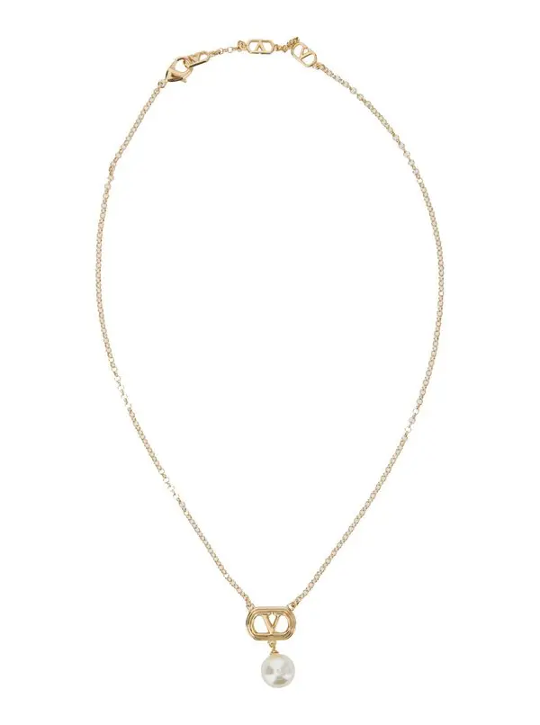 Valentino Garavani Brass Chain Necklace With Vlogo Charm And Pearl - Multicolor