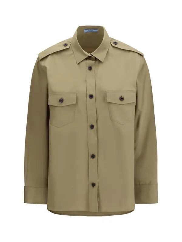 Prada Cotton Poplin Shirt With Classic Collar And Chest Pockets - Cream