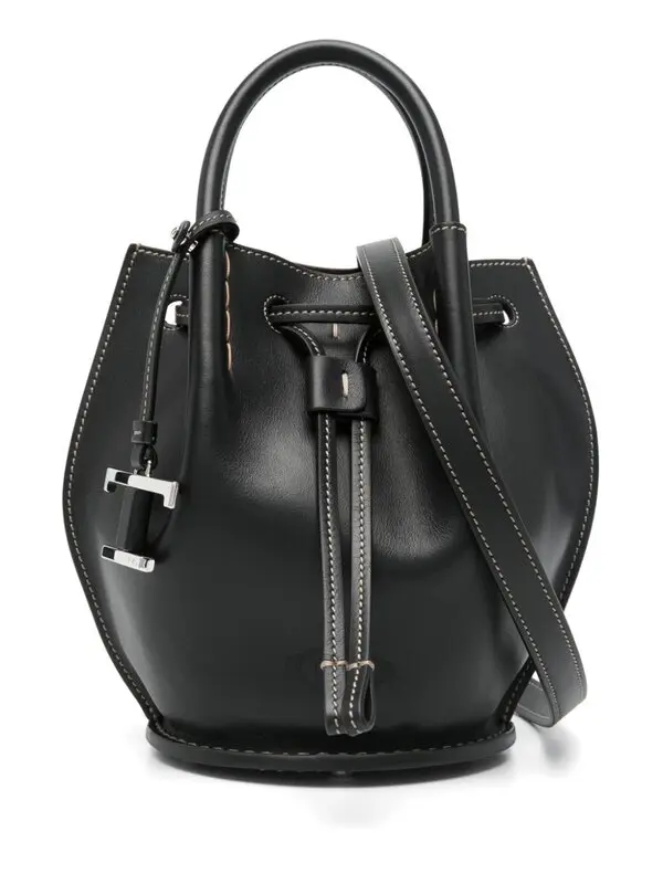 TOD'S Logo Charm Leather Mini Bucket Bag - Black