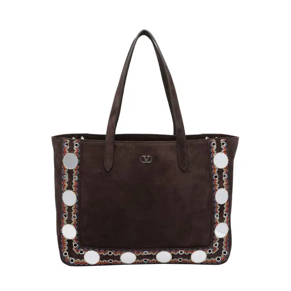 Valentino Garavani Suede Tote Bag With Appliqué And Embroidery - Brown