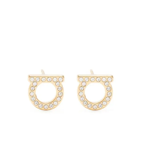 FERRAGAMO Tone Brass Crystal Embellished Gancini Stud Earrings - Gold