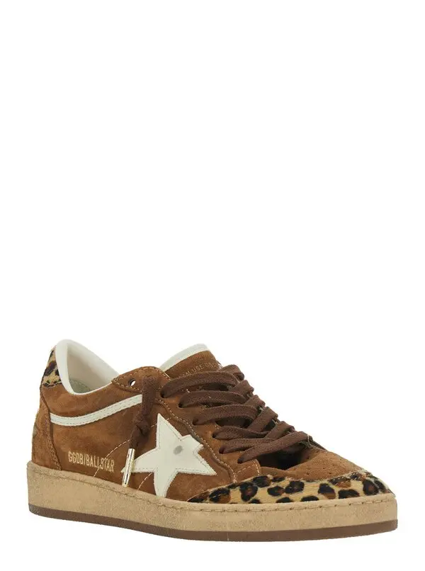 GOLDEN GOOSE Ballstar Low Top Sneaker With Glitter Star And Animalier Print - Brown