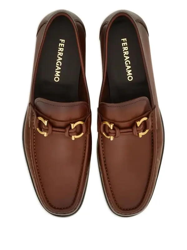 FERRAGAMO Calf Leather Loafers With Gancini Detail - Brown