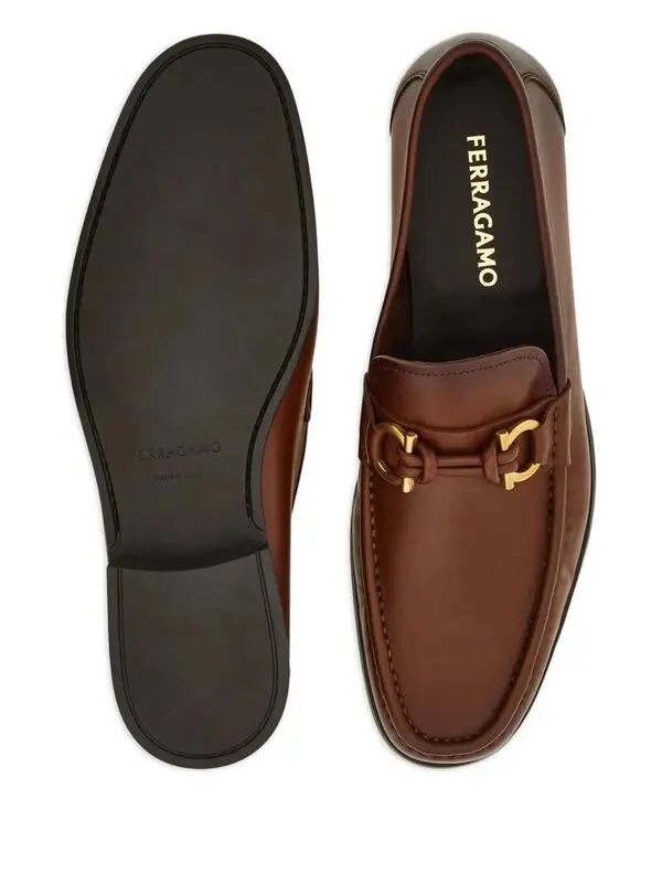 FERRAGAMO Calf Leather Loafers With Gancini Detail - Brown