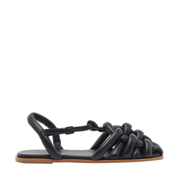 Hereu Calf Leather Perforated Detail Square Toe Sandals With Adjustable Ankle Strap - Black
