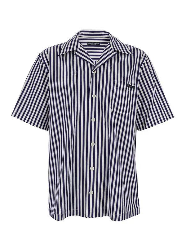 Dolce & Gabbana Blue Bowling Shirt With Cuban Collar And All-over Striped Motif In Cotton For