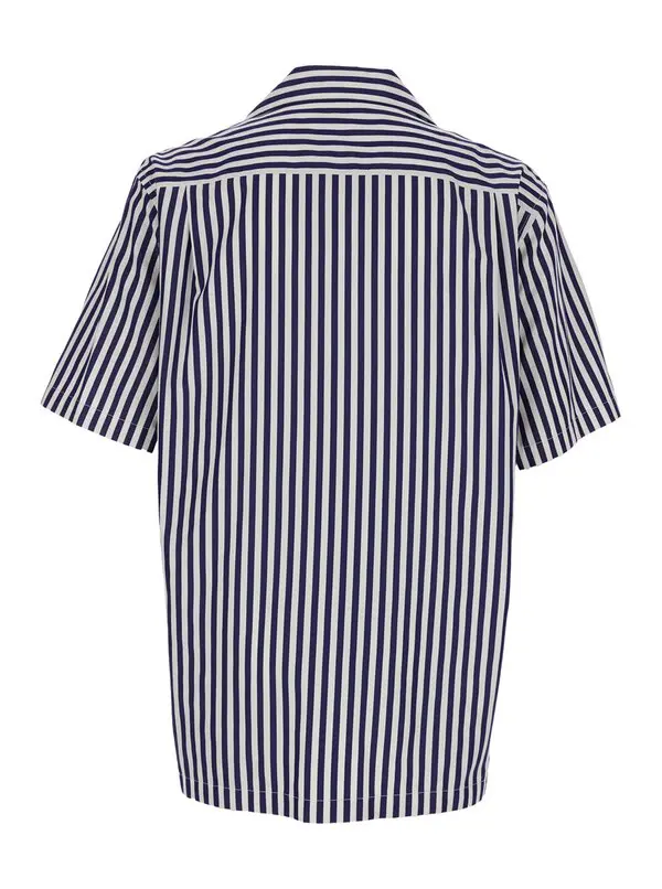 Dolce & Gabbana Blue Bowling Shirt With Cuban Collar And All-over Striped Motif In Cotton For