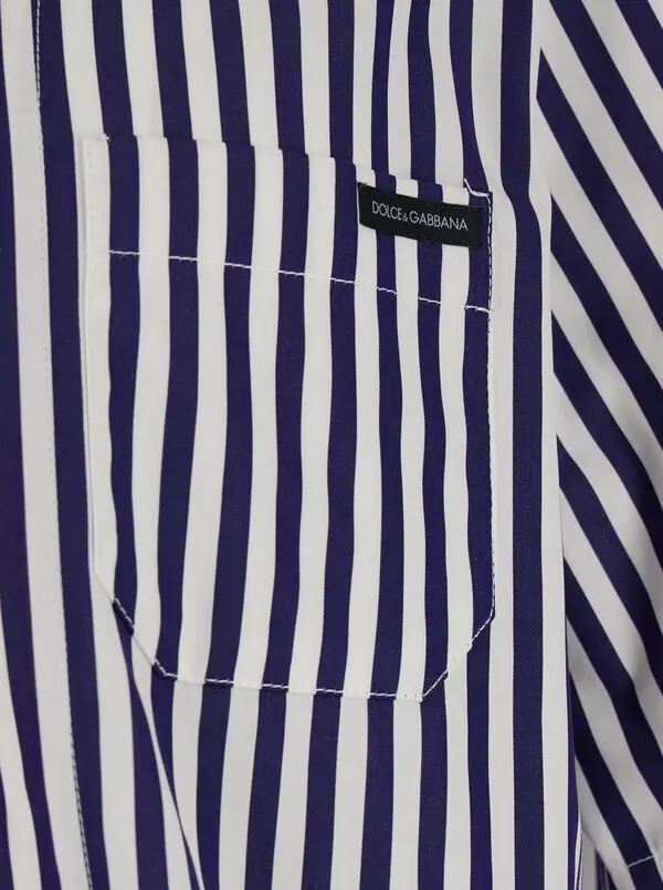 Dolce & Gabbana Blue Bowling Shirt With Cuban Collar And All-over Striped Motif In Cotton For