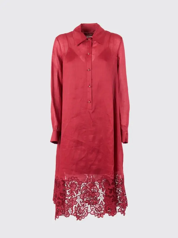 Max Mara Ramie Button-up Dress With Lace Trim - Red