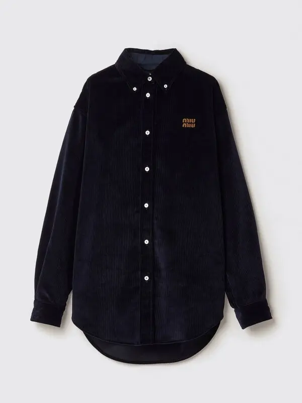 Miu Miu Corduroy Shirt With Embroidered Logo - Blue