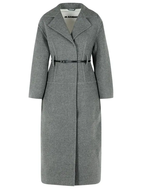 JIL SANDER Virgin Wool Coat With Leather Belt - Gray
