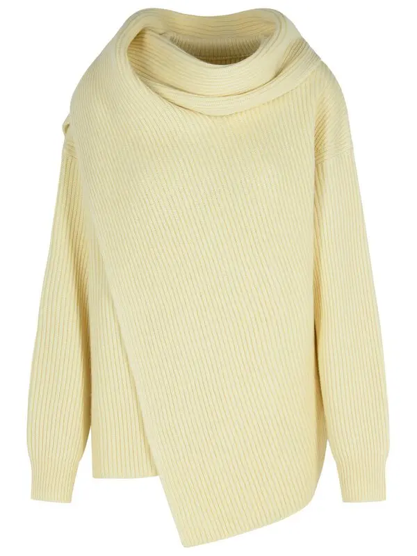 JIL SANDER Ribbed Wool & Cashmere Sweater With Draped Scarf Neck - Cream