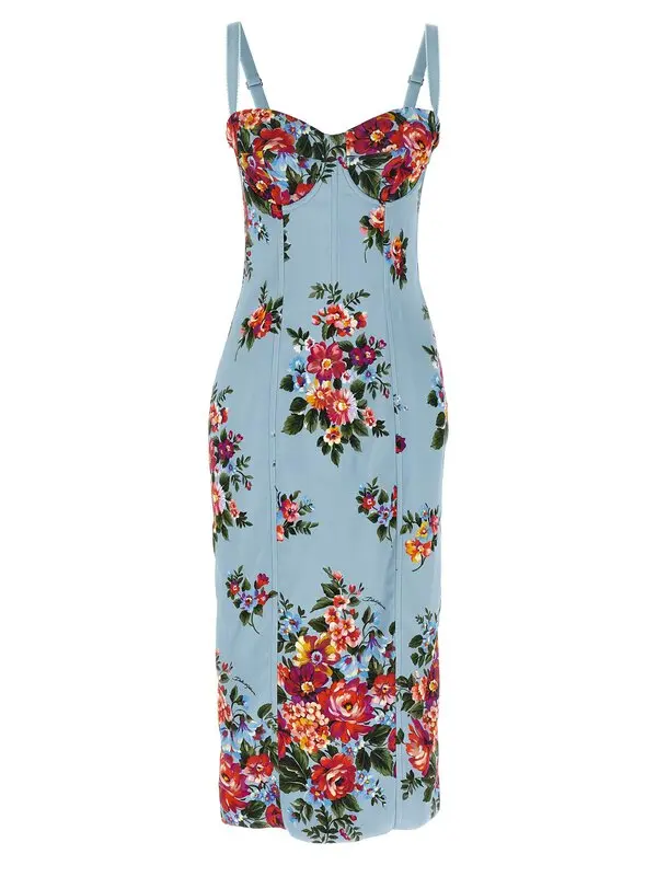 Dolce & Gabbana Mazzo Di Fiori' Print Stretch Satin Sheath Dress - Blue