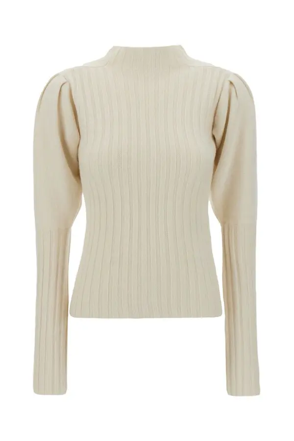 Chloé Ribbed Knit Puff Sleeve High Neck Sweater