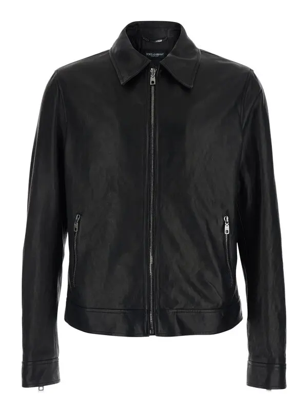 Dolce & Gabbana Leather Zip-up Jacket With Back Logo Patch - Multicolor