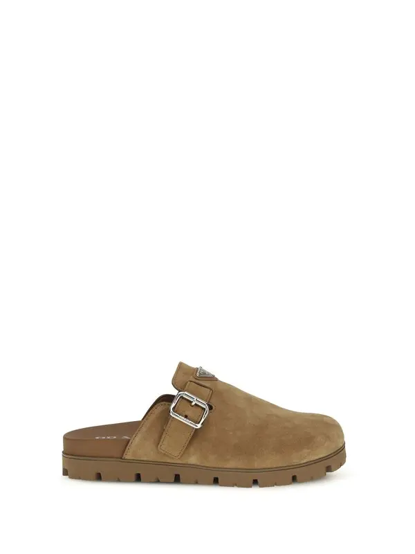 Prada Suede Mules With Metal Triangle Logo - Cream