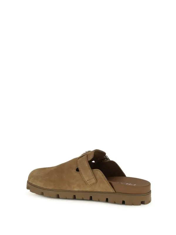 Prada Suede Mules With Metal Triangle Logo - Cream