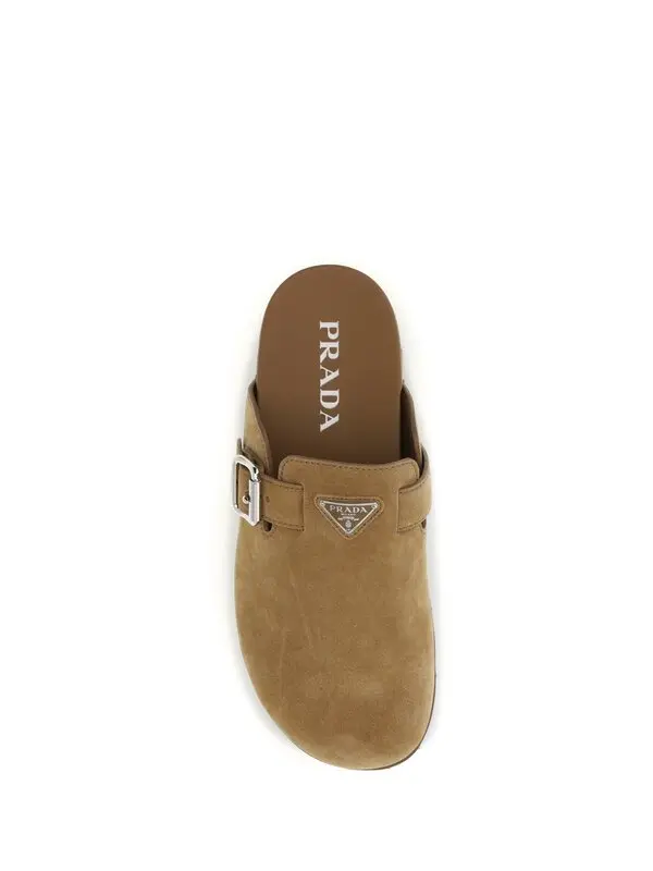 Prada Suede Mules With Metal Triangle Logo - Cream