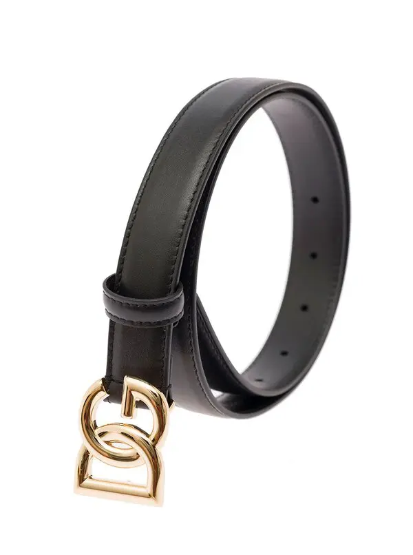 Dolce & Gabbana Black Leather Skinny Belt With Gold Dg Buckle - Multicolor