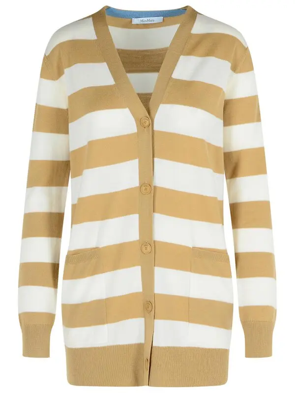 Max Mara Virgin Wool Striped V-neck Cardigan - Cream