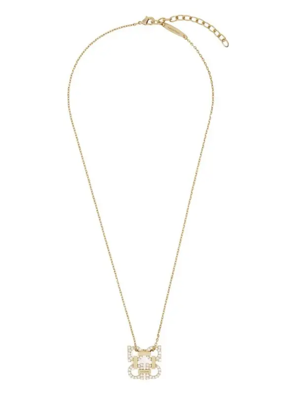 FERRAGAMO Crystal Embellished Four Gancini Pendant Necklace - Silver