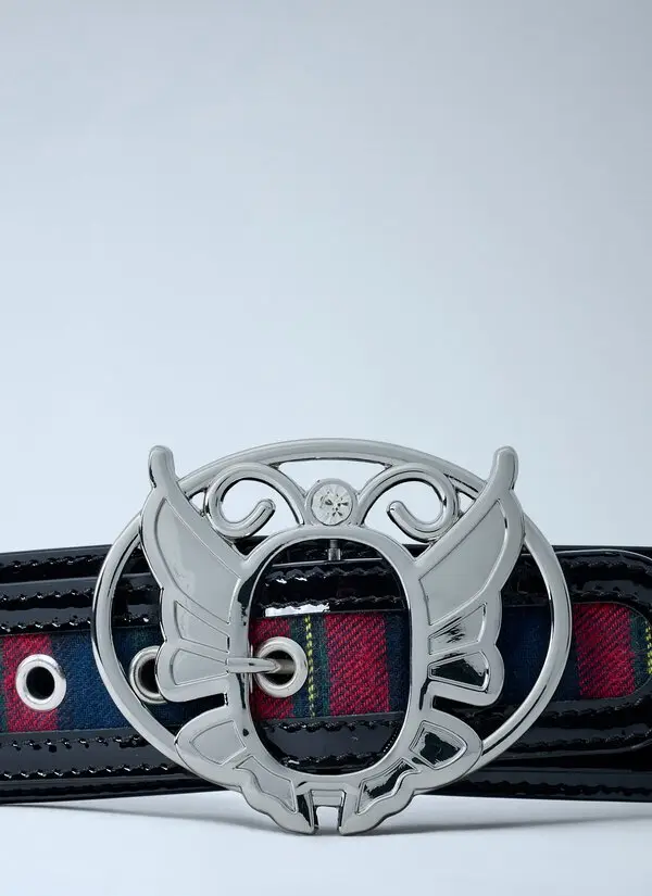 CHOPOVA LOWENA Tartan Belt With Patent Leather Trims
