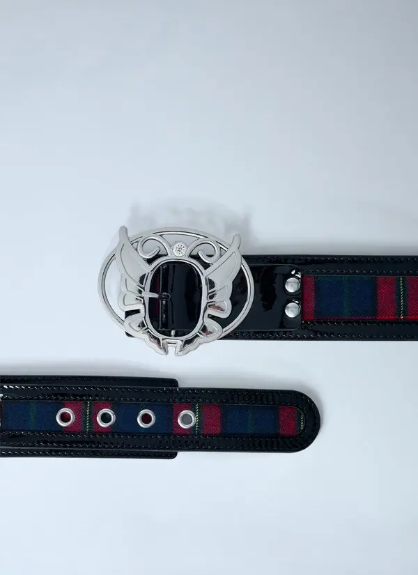 CHOPOVA LOWENA Tartan Belt With Patent Leather Trims