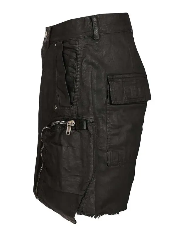 Rick Owens Bauhaus Frayed Denim Cargo Shorts - Black