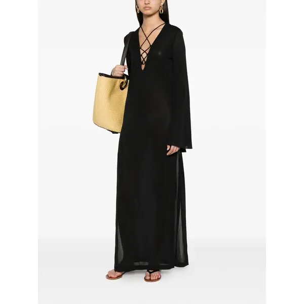 Andamane Semi-sheer Lace-up Long Sleeve Maxi Dress