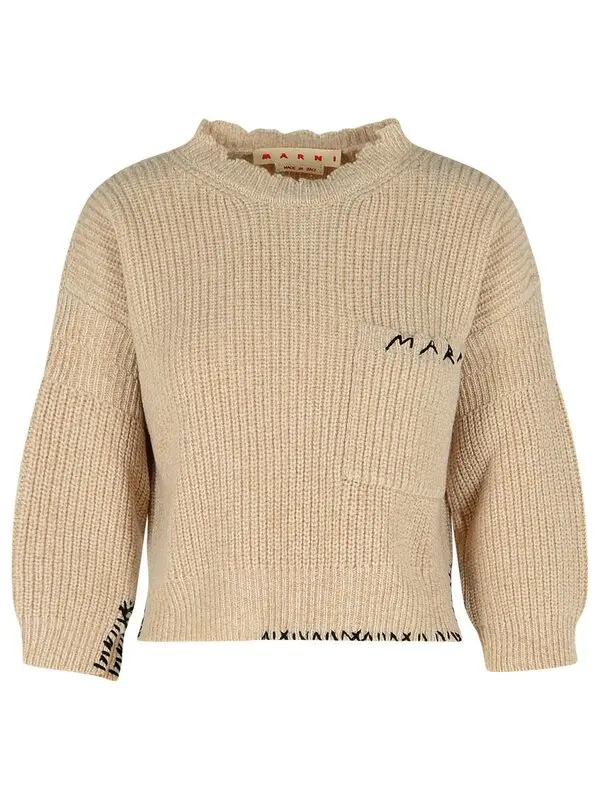 Marni Beige Mouliné Virgin Wool Sweater With Contrast Stitching - Cream
