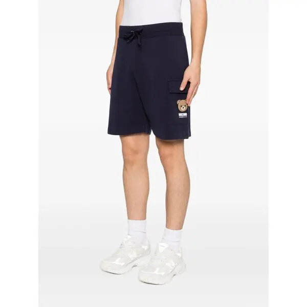 Moschino Navy Cotton Blend Track Shorts With Logo Print Cargo Pocket - Blue