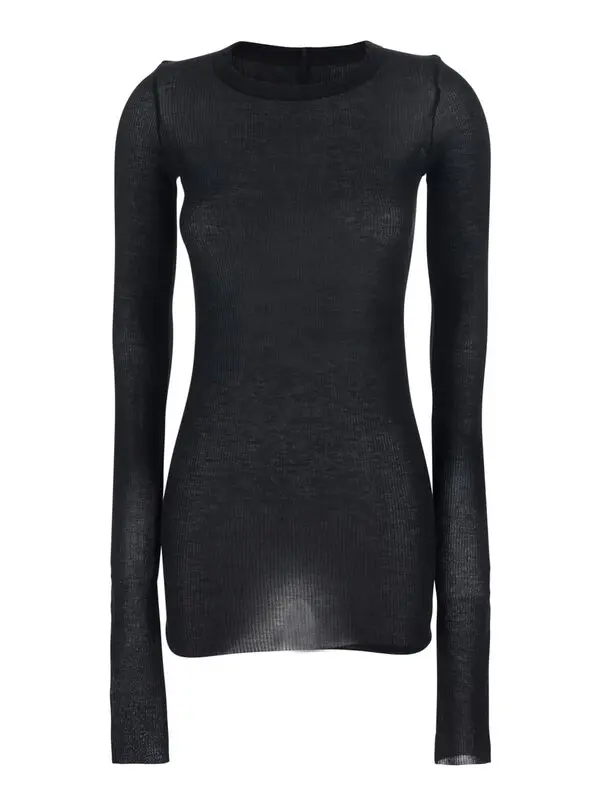 Rick Owens Round Neck Long Sleeve Ribbed Viscose Silk Blend T-shirt - Black