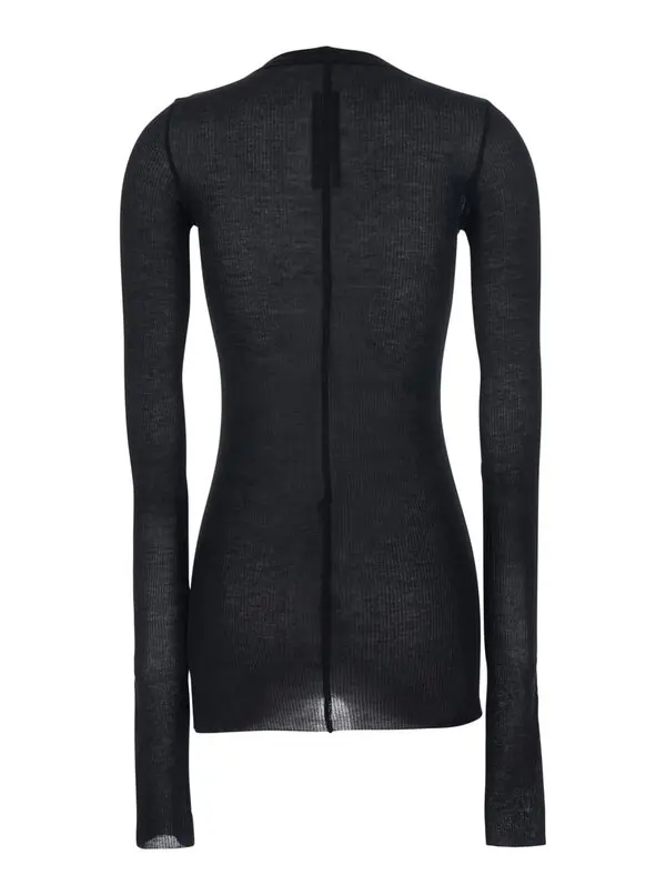 Rick Owens Round Neck Long Sleeve Ribbed Viscose Silk Blend T-shirt - Black