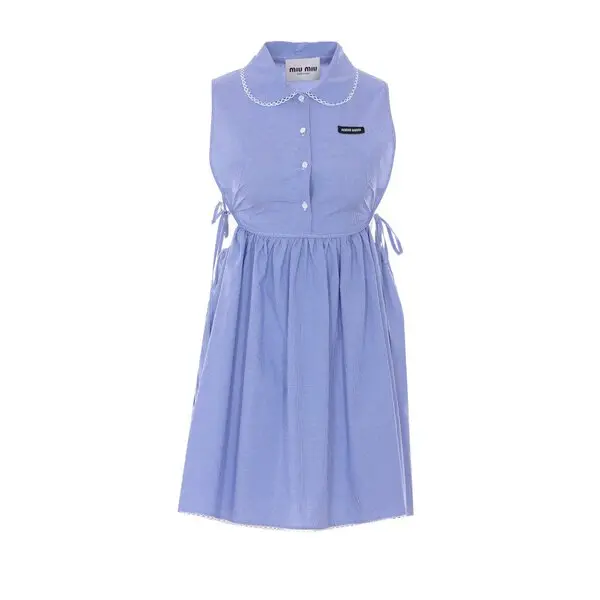 Miu Miu Logo Embroidered Check Pleated Dress - Blue