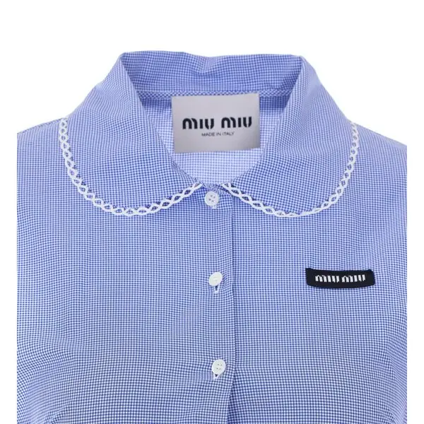Miu Miu Logo Embroidered Check Pleated Dress - Blue