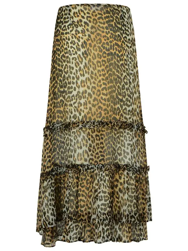 GANNI Leopard Print Viscose Chiffon Long Skirt With Volant Details - Multicolor