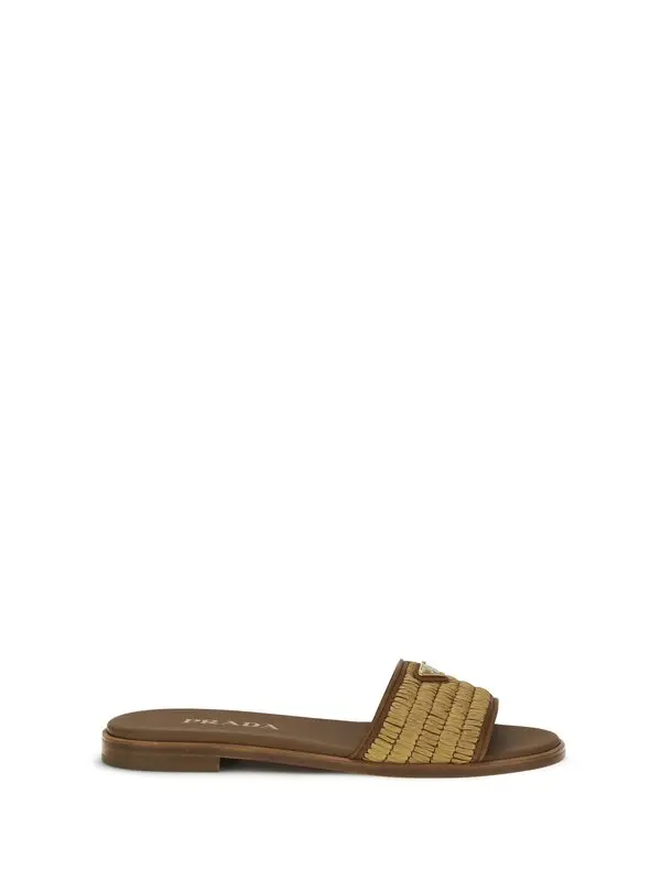Prada Raffia Slip-on Sandals With Metal Triangle Logo - Brown