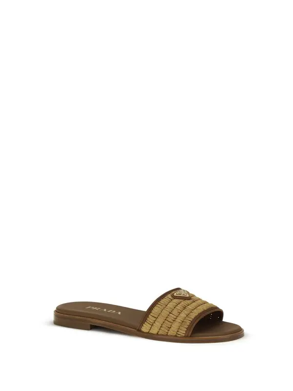 Prada Raffia Slip-on Sandals With Metal Triangle Logo - Brown