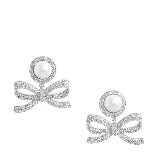 SELF-PORTRAIT Pearl Bow Drop Earrings - Silver