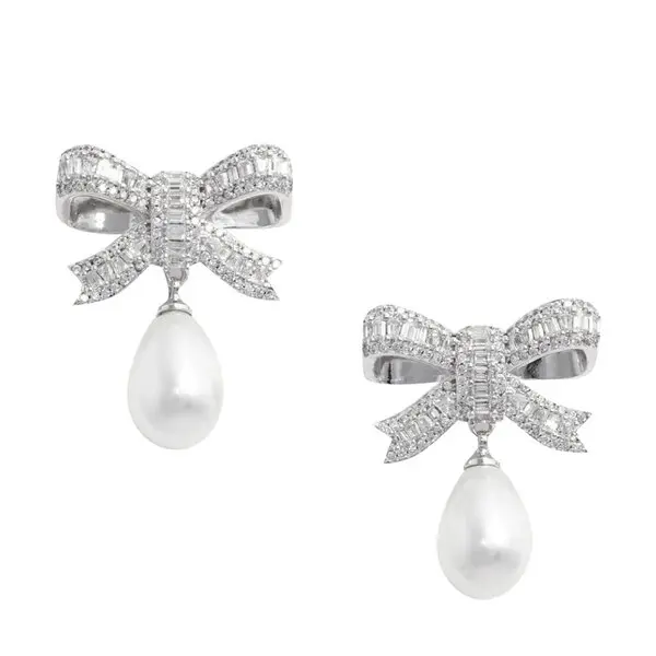 SELF-PORTRAIT Crystal Bow Pearl Drop Earrings - Silver
