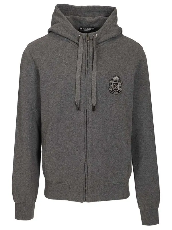 Dolce & Gabbana Full Zip Hooded Sweatshirt With Heraldic Patch - Gray