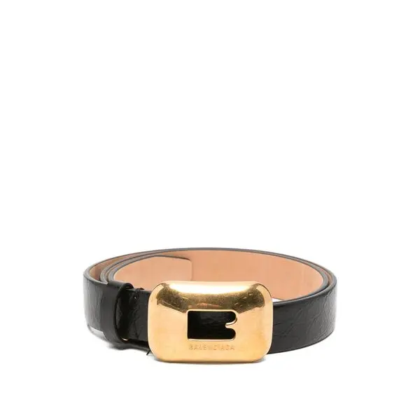 Balenciaga Leather Belt With Gold-tone Engraved Buckle - Black