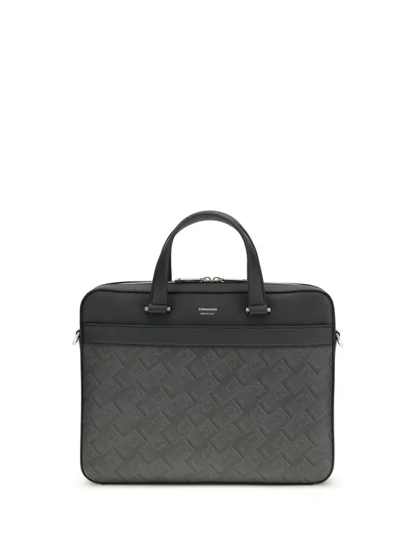 FERRAGAMO Monogrammed Calfskin Work Bag - Gray