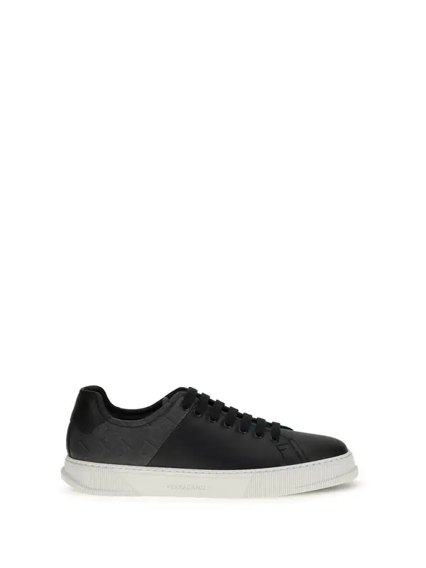 FERRAGAMO Monogram Jacquard Inlay Leather Sneakers - Black