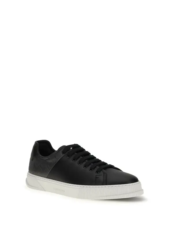 FERRAGAMO Monogram Jacquard Inlay Leather Sneakers - Black