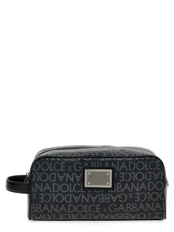 Dolce & Gabbana Leather Toiletry Bag With Logo Plaque - Black