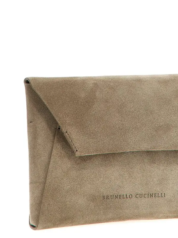 Brunello Cucinelli Monile Suede Clutch Bag With Chain Strap - Gray