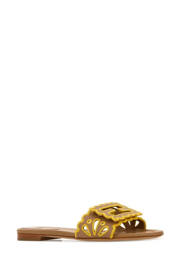 Fendi Camel Leather Baguette Slippers