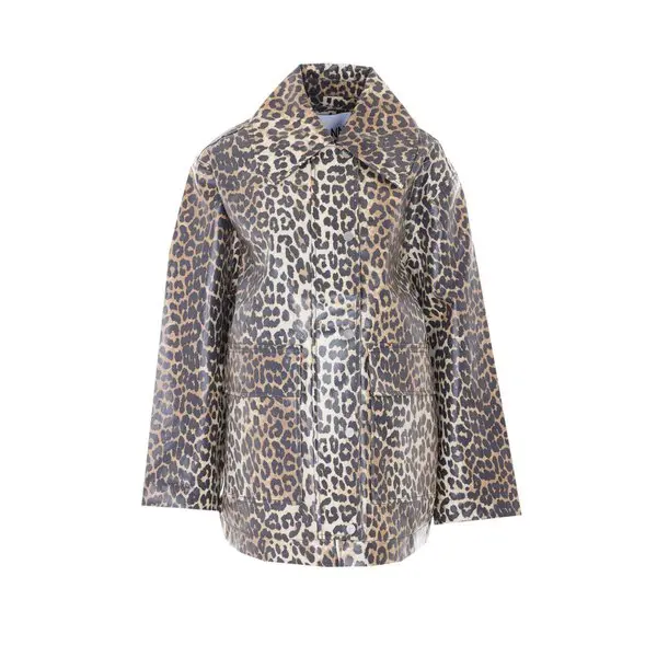 GANNI Laminated Leopard Print Jacket With Removable Collar - Brown