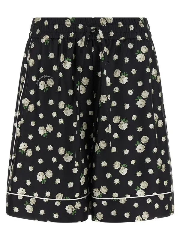 Dolce & Gabbana Fiorellini' Print Silk Twill Bermuda Shorts - Black
